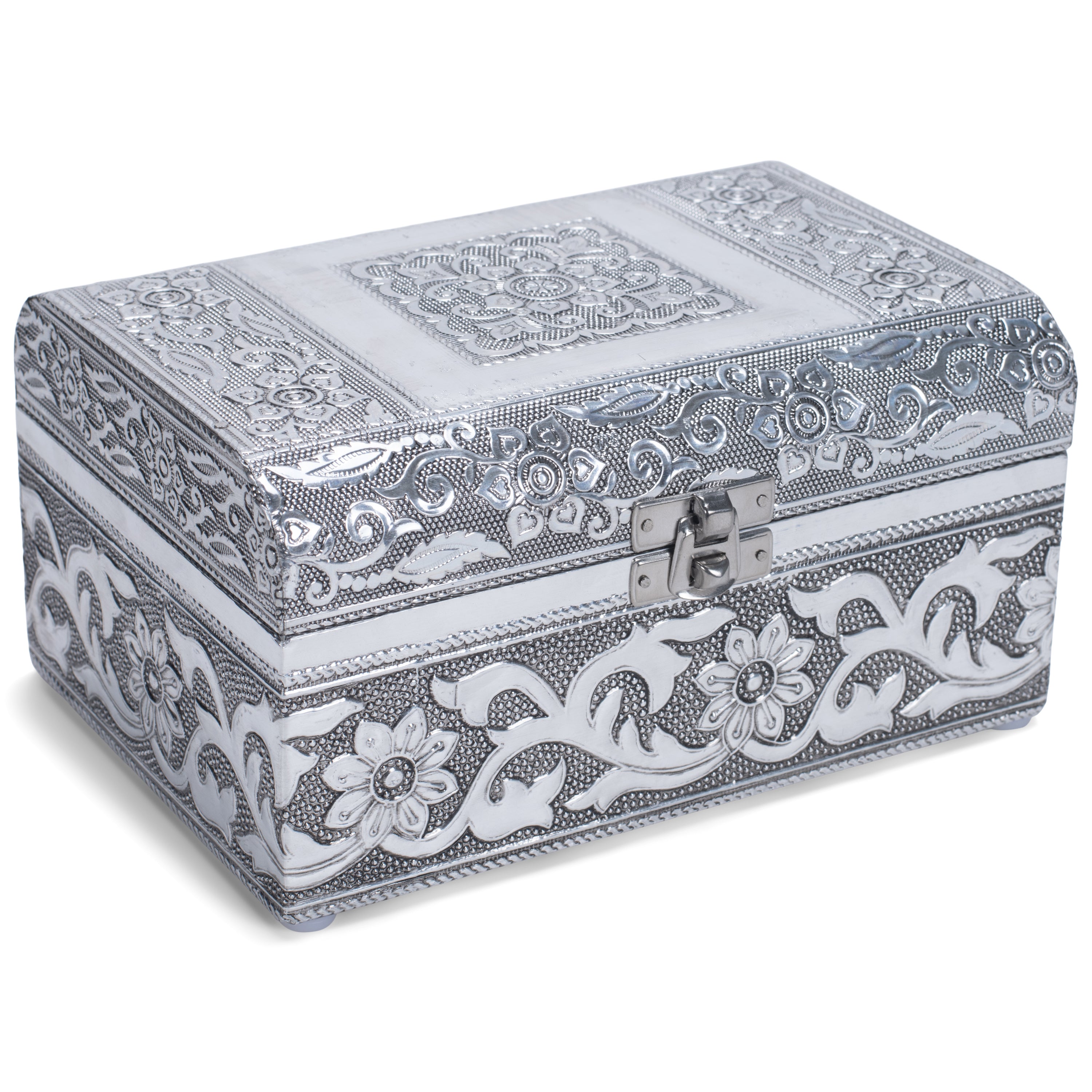 Cottage Garden Moroccan Silver Tone Metal Stamped Round Top Trunk Keep
